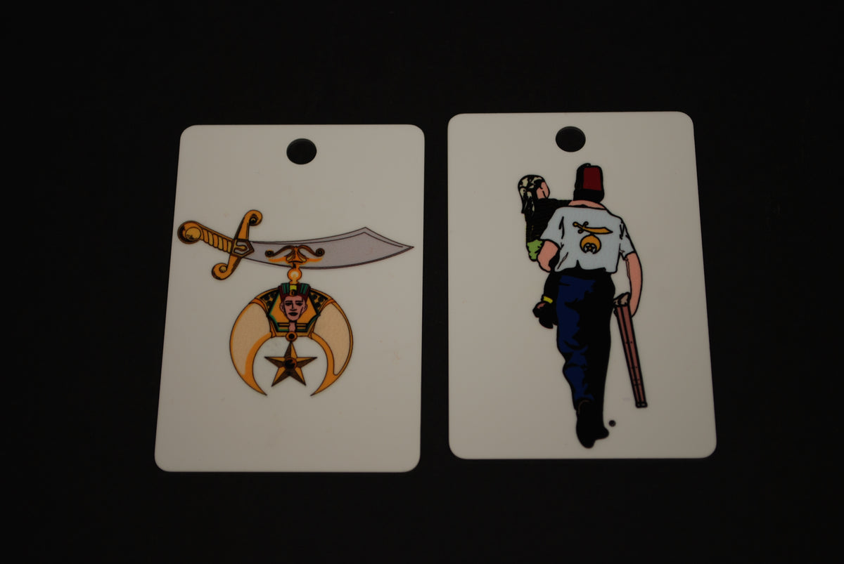 Shrine scimitar and Shriner holding child Vertical Aluminum Ornament ...